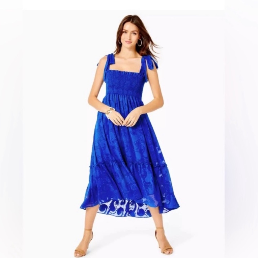 Rare Lilly Pulitzer Rivera Smocked Midi Tiered Dress - Gem